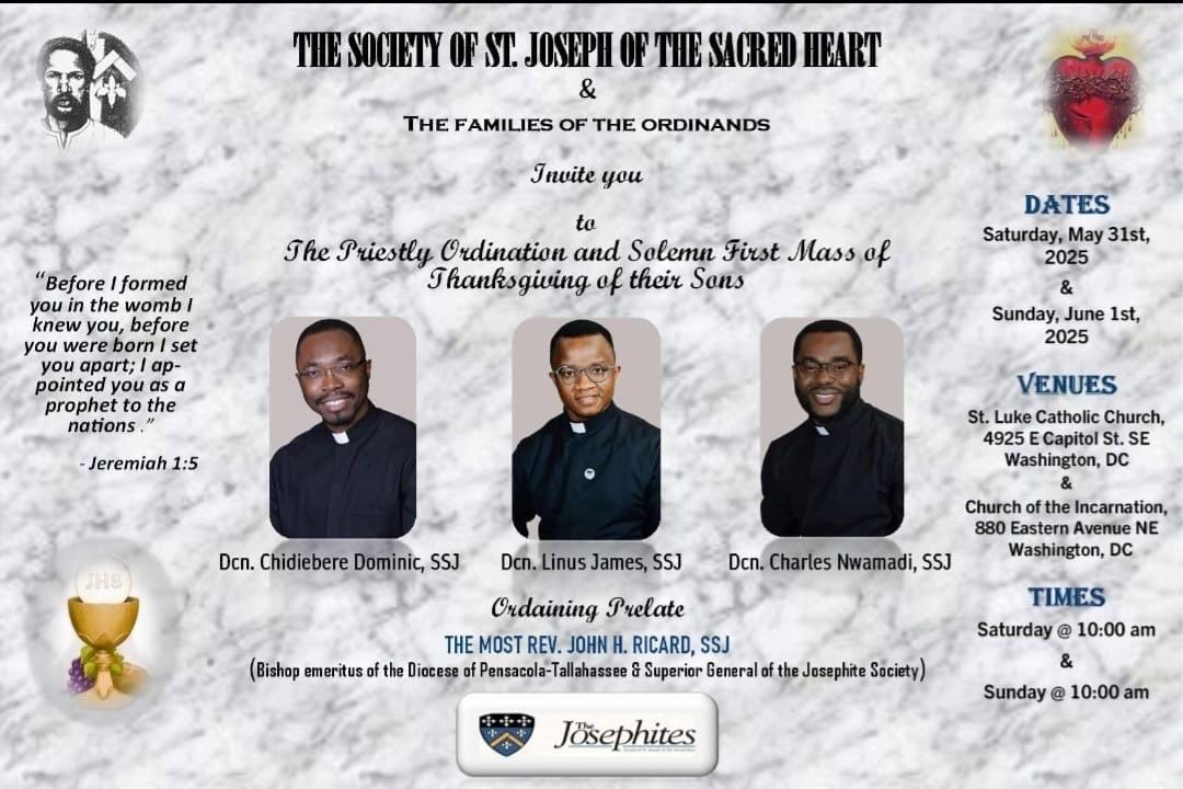Josephites to ordain three men to the priesthood on May 31